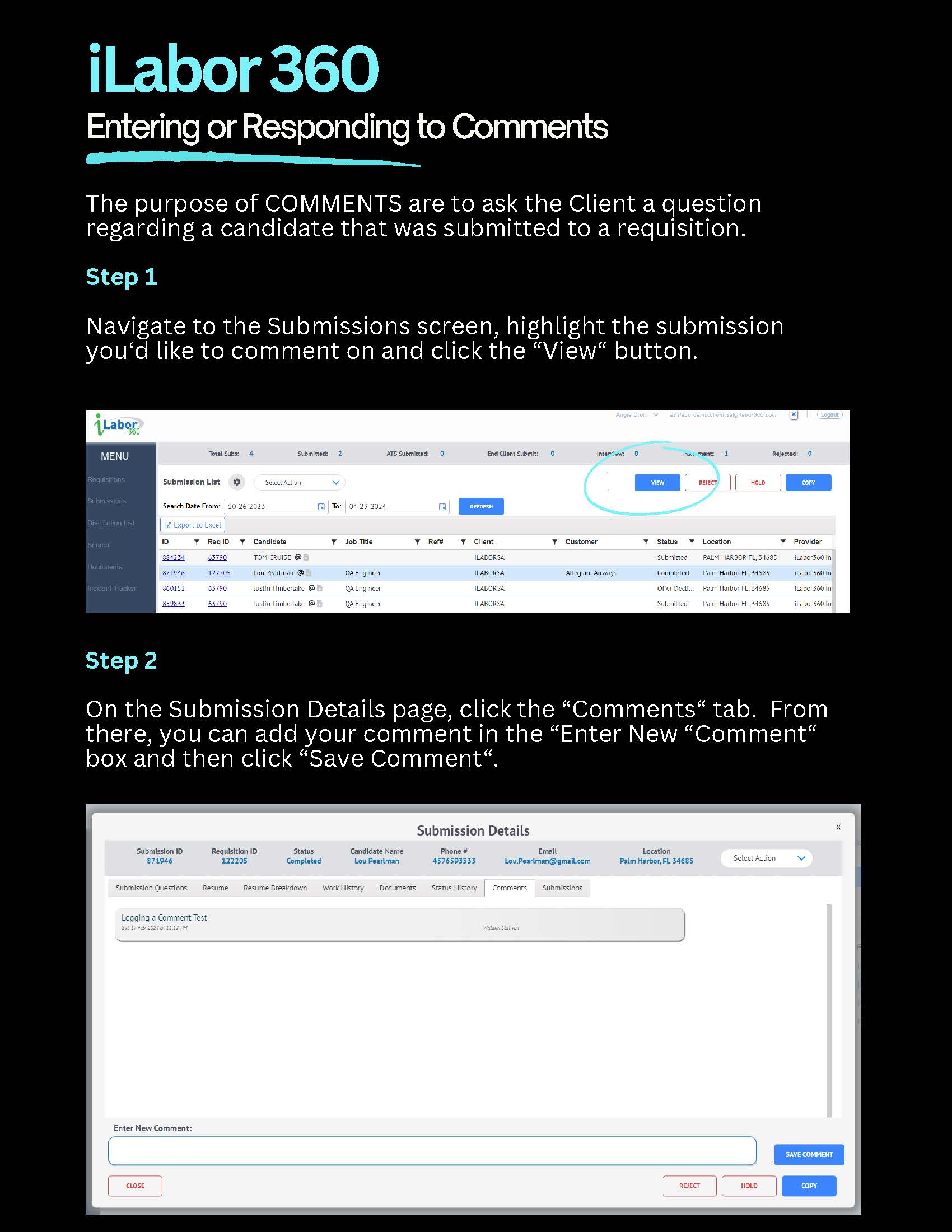 How to add a comment on a submission – iLabor